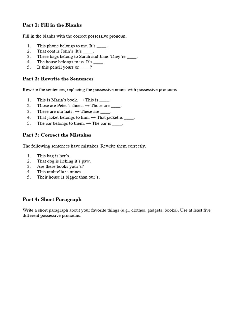 Grade 3 Possessive Pronouns Worksheet | PDF