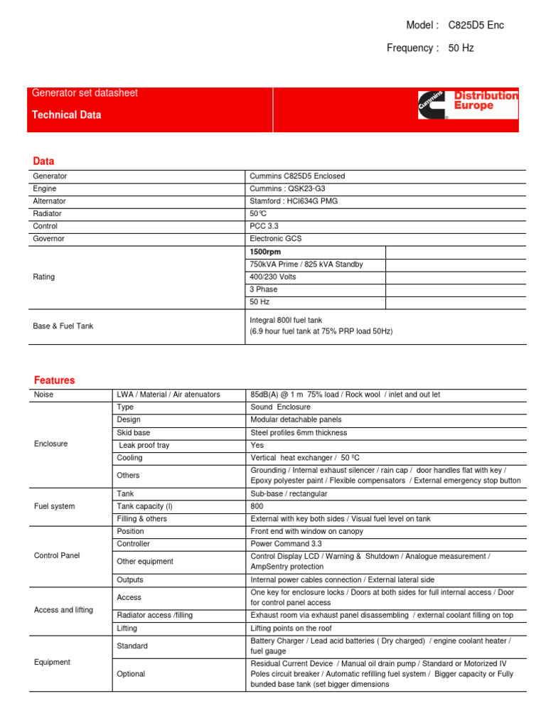 Cummins c825d5 Enclosed Data Sheet | PDF | Manufactured Goods ...