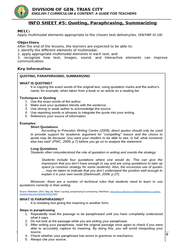 INFO-SHEET-5-Quoting, Paraphrasing, Summarizing | PDF | Sea Turtle | Turtle