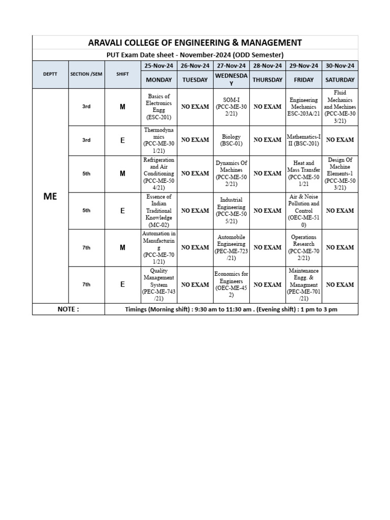 PUT Date Sheet Nov 2024 | PDF | Mechanical Engineering | Engineering