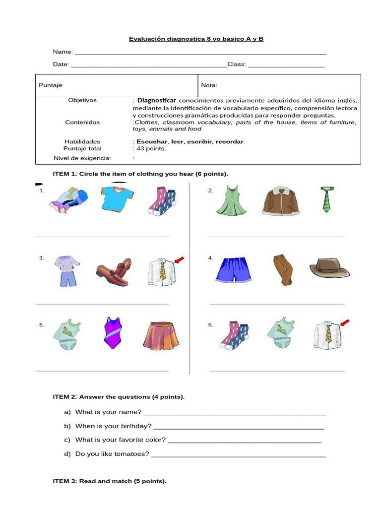 Diagnostic Test 4th Grade | PDF