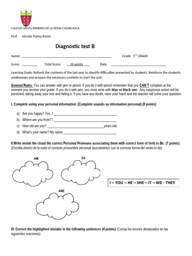 Prueba Diagnóstico Inglés 5BRB | PDF | Language Families | Language ...