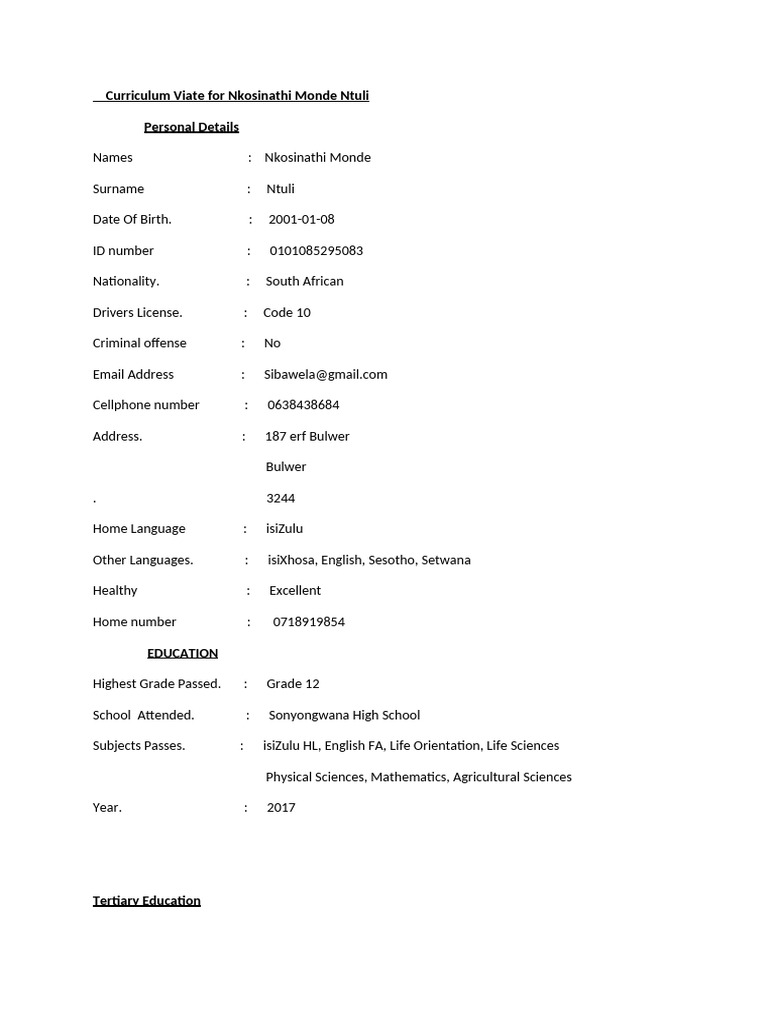 Curriculum Viate For Nkosinathi Monde Ntuli | PDF