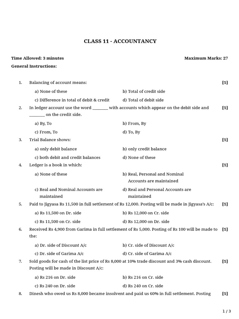Accountancy Class 11 Chapter 8 Ledger MCQS | PDF | Debits And Credits | Money