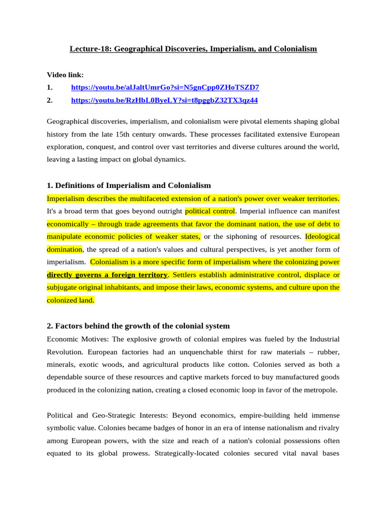 Lecture-18-Geographical Discoveries, Imperialism, and Colonialism | PDF ...
