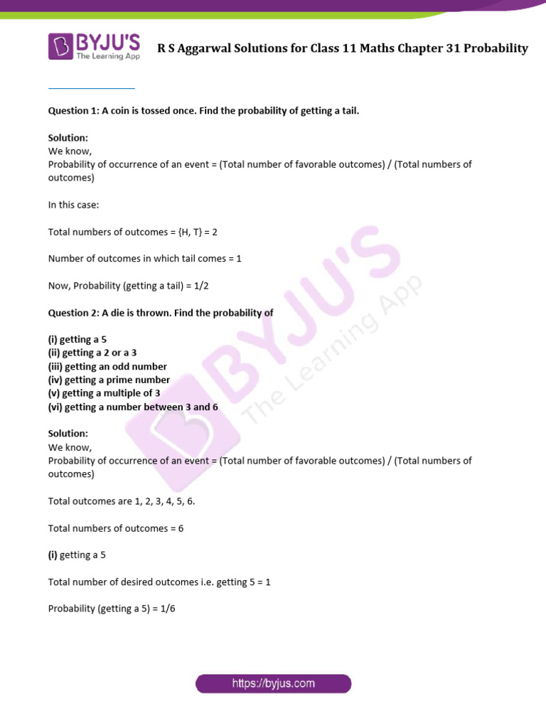 R S Aggarwal Solution Class 11 Maths Chapter 31 Probability | PDF ...