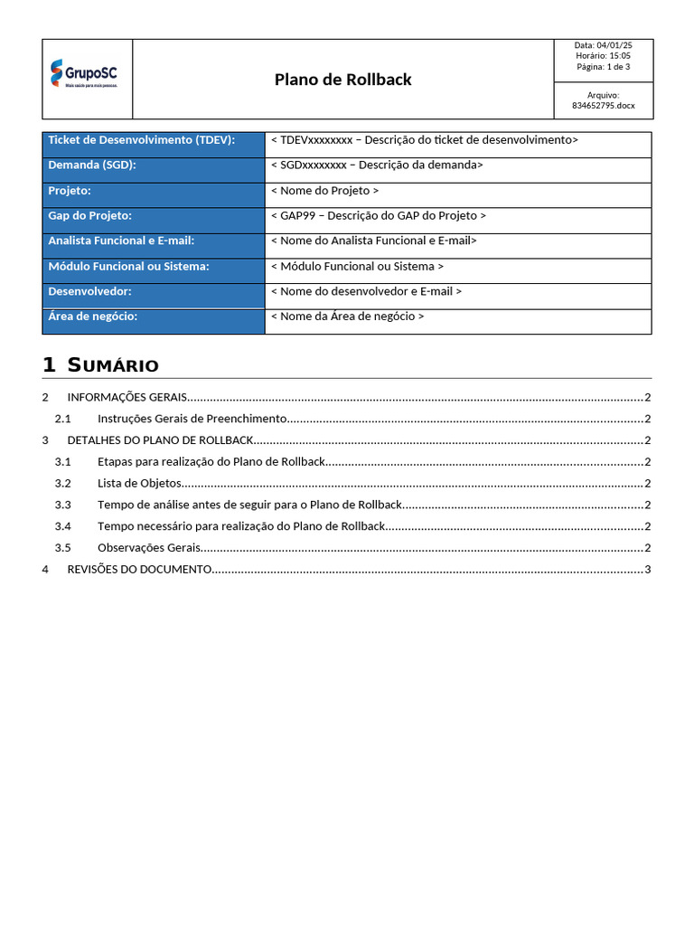 06-Template de Plano de Rollback | PDF | Informática