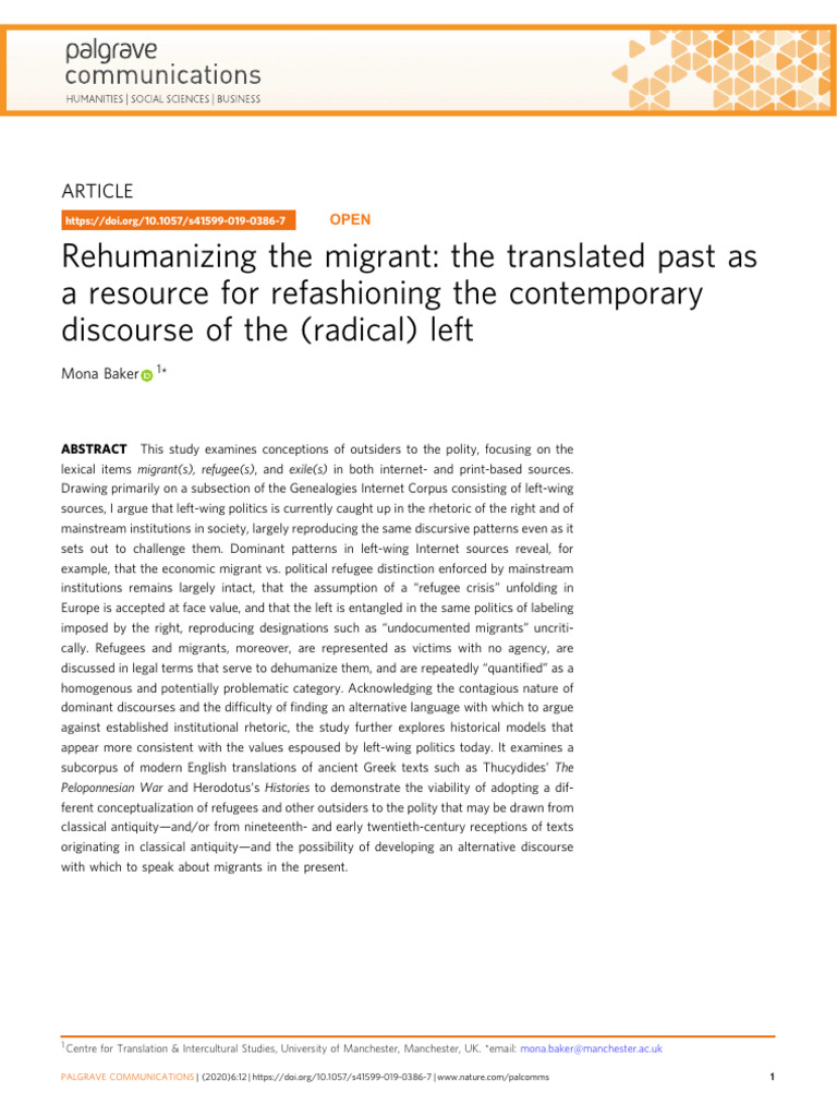 Rehumanizing The Migrant - The Translated Past As A Resource For Refashioning The Contemporary ...
