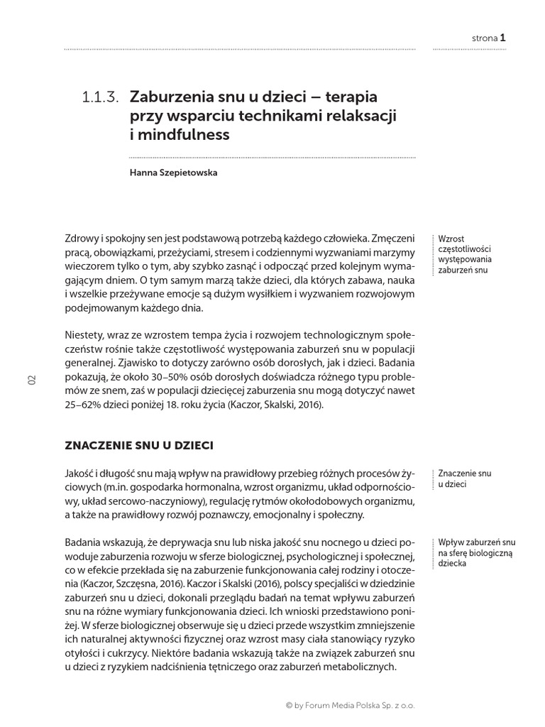 Zaburzenia Snu U Dzieci - Terapia Przy Wsparniu Technika Relaksacji I Mindfulness - Hanna ...