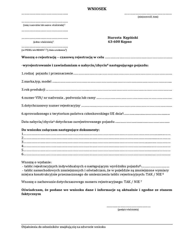Wniosek o Rejestrację Pojazdu, Czasową Rejestrację, Wyrejestrowanie Pojazdu | PDF