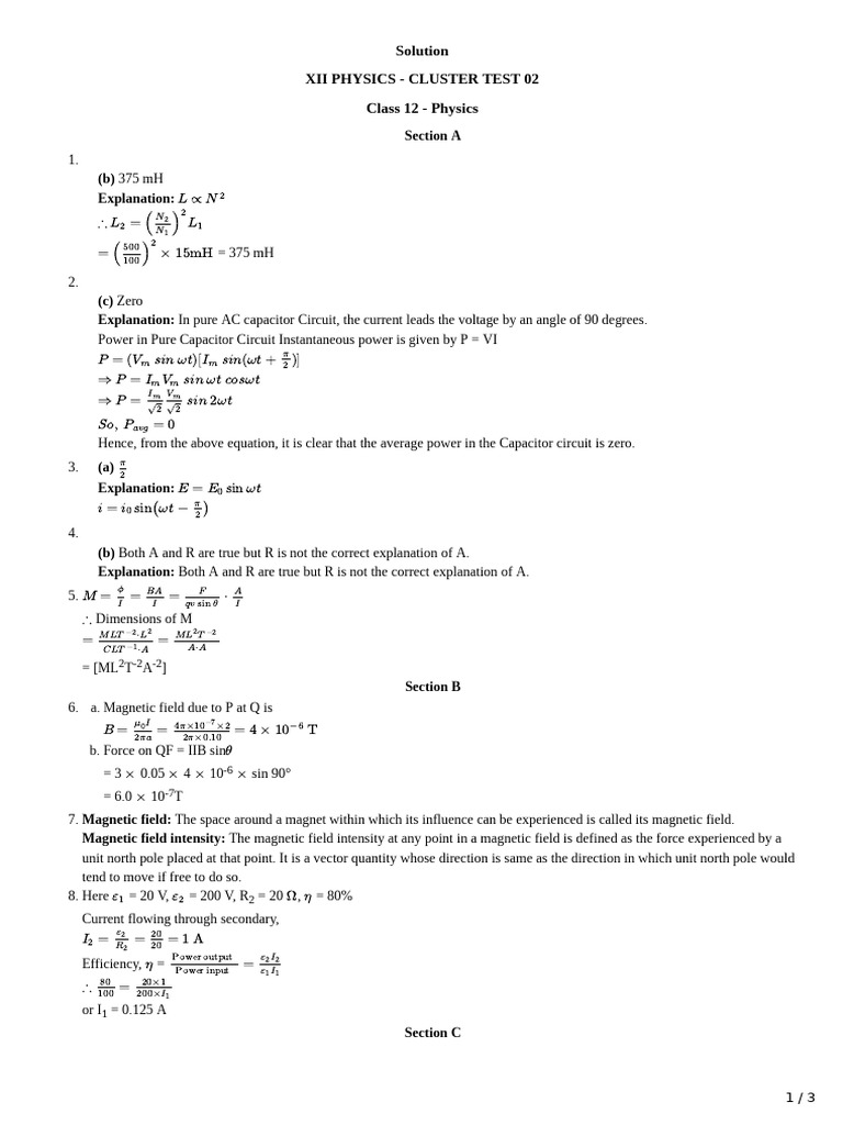 Physics Cluster Test 02 (Solution) - 30.12.2024 | PDF | Magnetism | Waves
