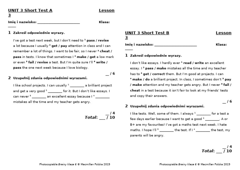 Brainy 6 Unit 3 Short Test A & B | PDF