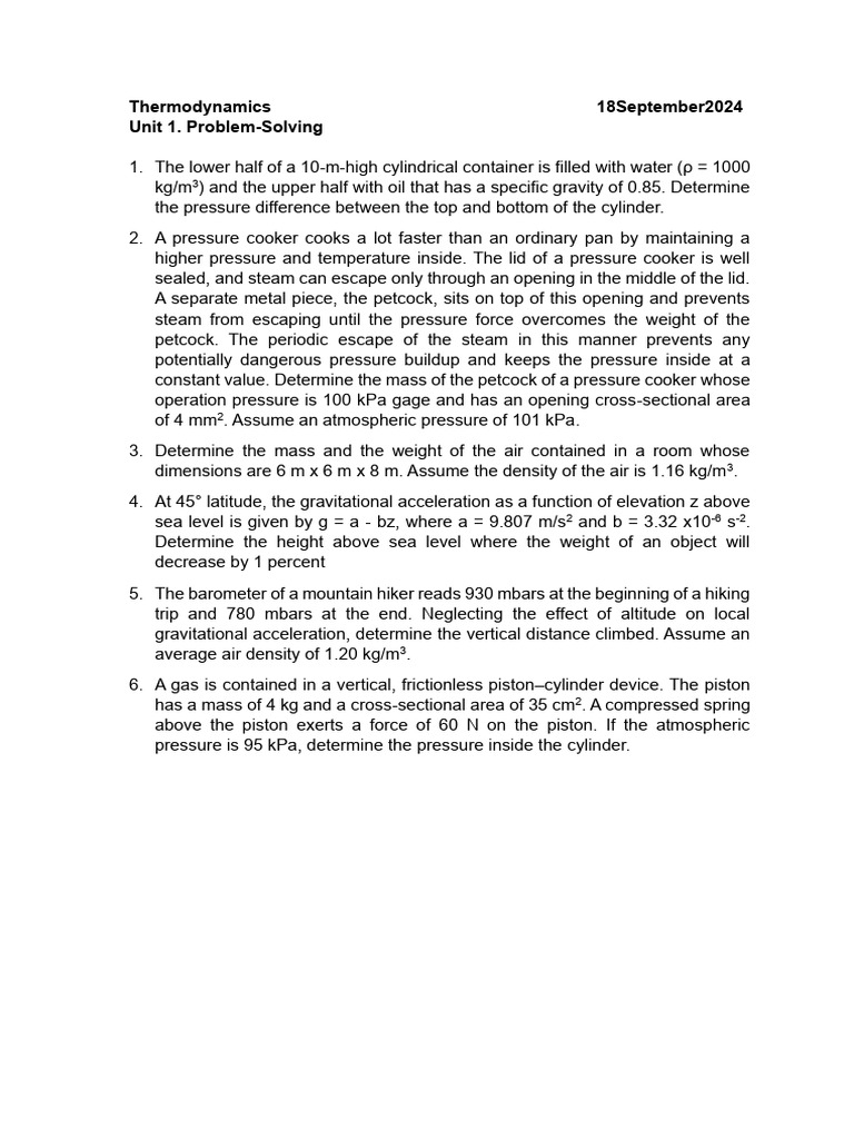 Thermodynamics Unit 1 Problem Solving | PDF