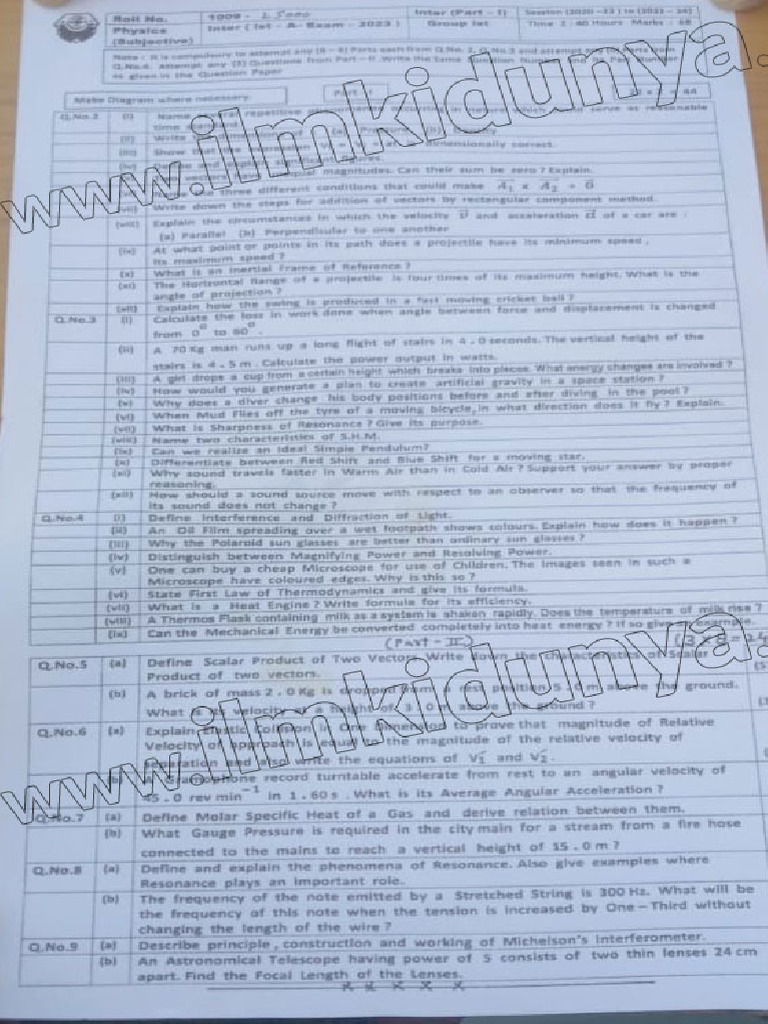 Past Paper 2023 Inter Part I Bahawalpur Board Physics Subjective | PDF