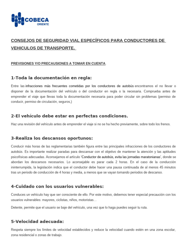 Consejos de Seguridad Vial Específicos para Conductores de | PDF ...