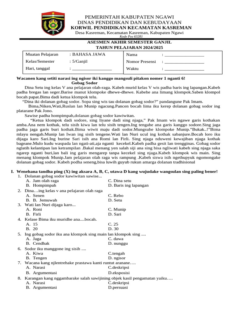 Soal AA1 B Jawa Klas V Daerah 2425 | PDF