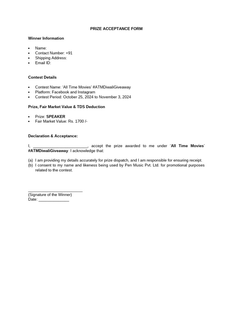 Prize Acceptance Form for ATMDiwaliGiveaway | PDF