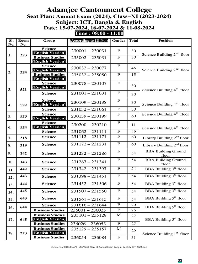 Seat Plan - XI-Annual Exam Bangla English, ICT-2024 | PDF
