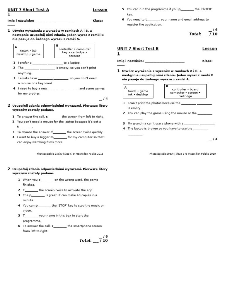 Brainy kl6 Short Tests Unit 7 Lesson 1 | PDF