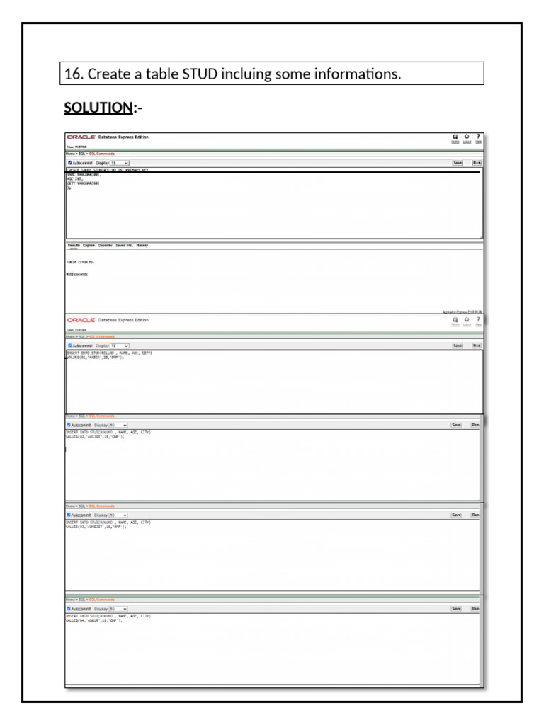 Solution:-: 16. Create A Table STUD Incluing Some Informations | PDF