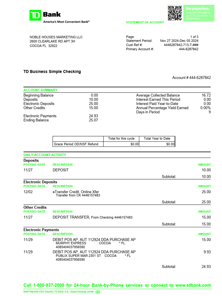 TD Bank Account Statement Summary | PDF | Banks | Credit Card