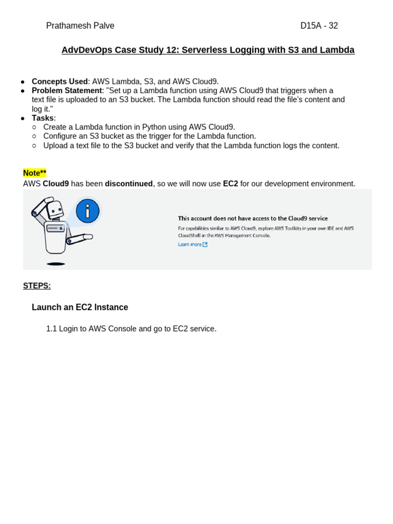 AdvDevOps Case Study 12 - Serverless Logging With S3 and Lambda | PDF | Amazon Web Services ...
