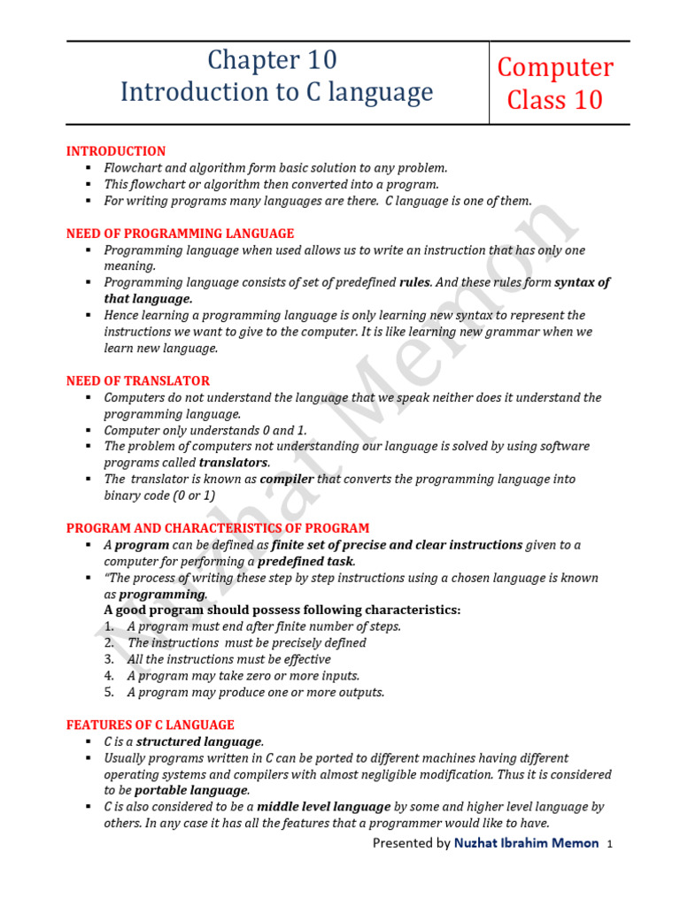 Std 10 Computer Chapter 10 Introduction To C Language Pdf Computer Program Programming 9893