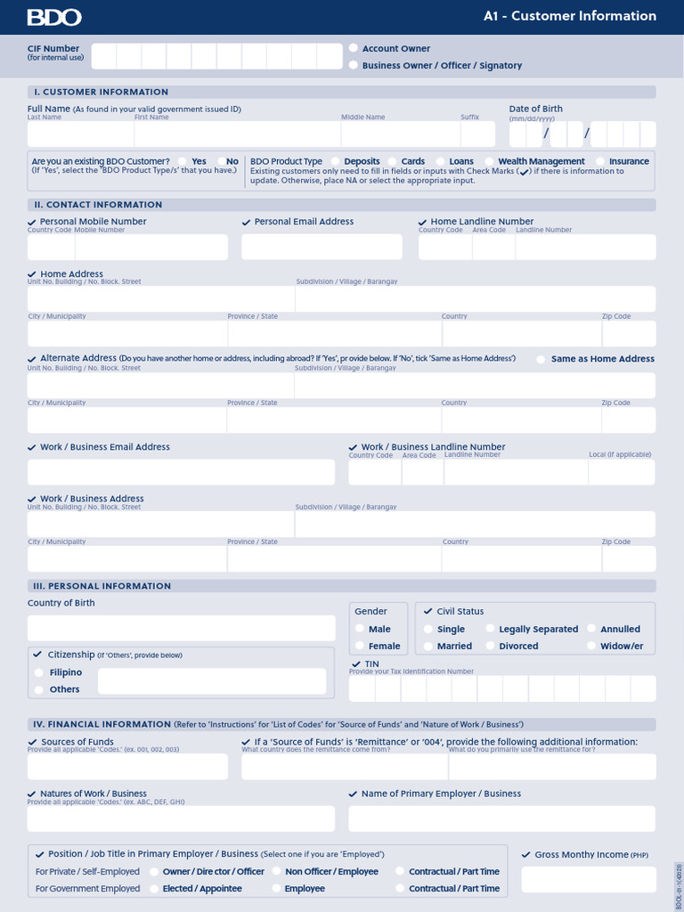 BDO Customer Information Form | PDF | Credit Card | Business