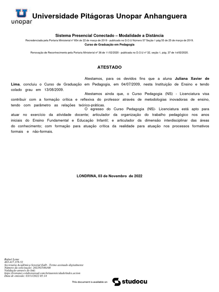 Declaração Unopar - Modelo de Certidão de Conclusão de Curso | PDF