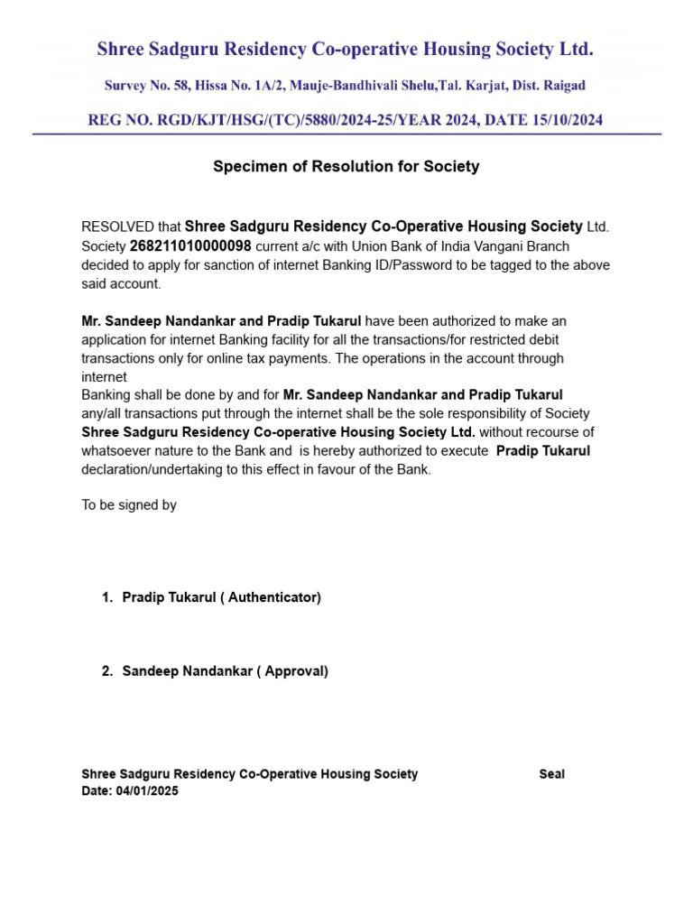 Specimen of Resolution For Society | PDF