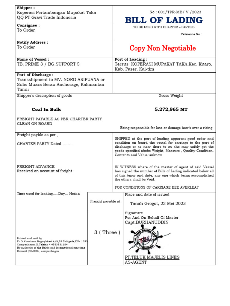 BL OF LADING (1) | PDF | Cargo | Bill Of Lading