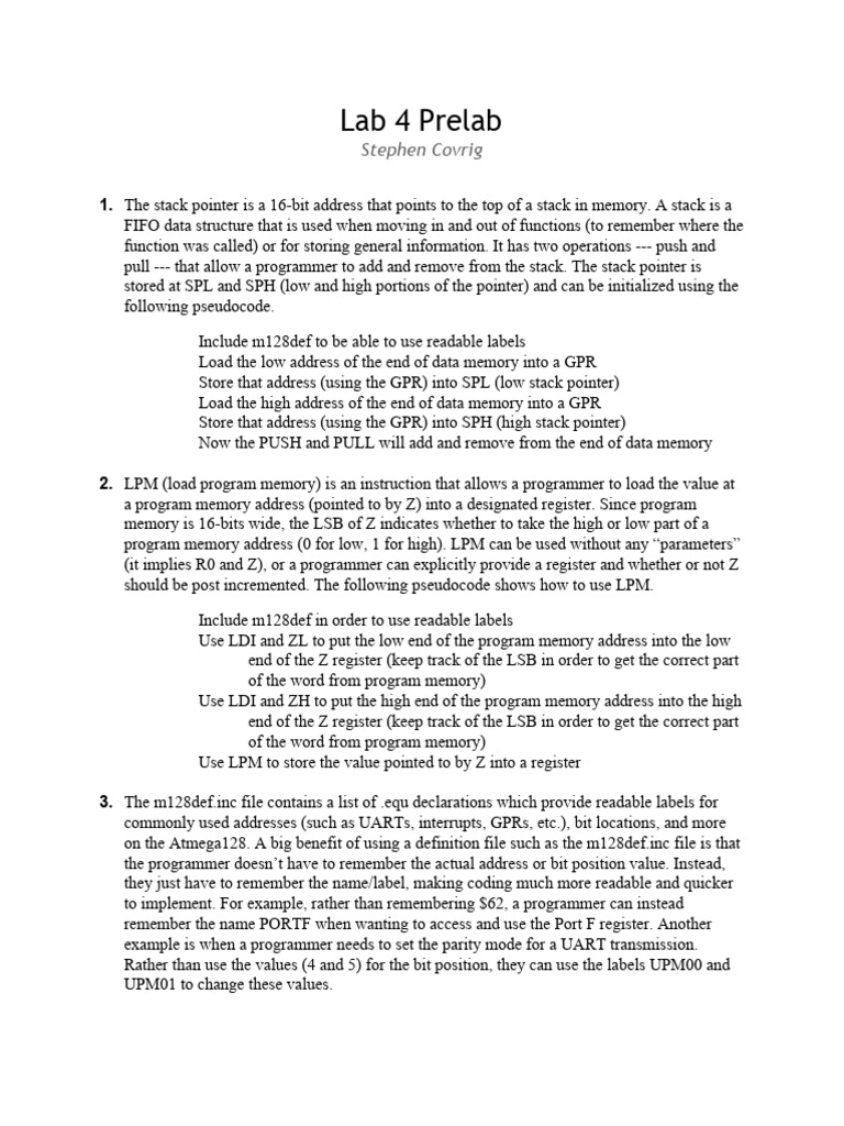 Stephen Covrig Lab4 Prelab | PDF | Pointer (Computer Programming) | Computer Architecture
