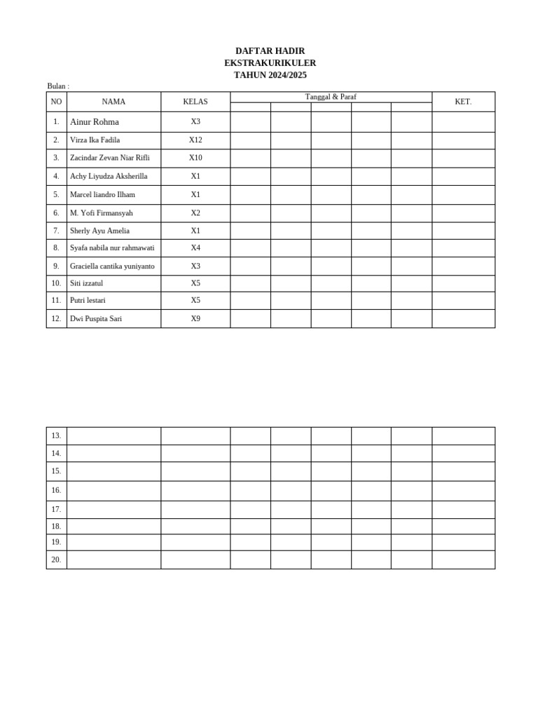 Absensi Ekstrakurikuler 2024 - 2025 | PDF