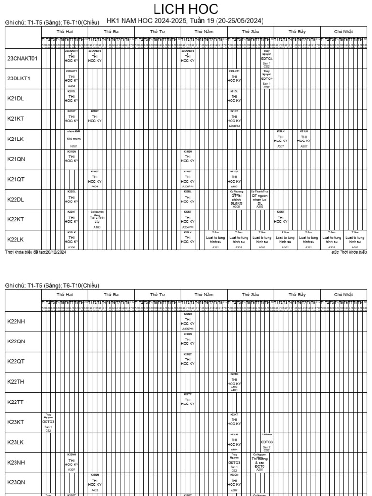1.TKB Sinh Vien-Hk1 NH 2024-2025-Tuan 19 | PDF