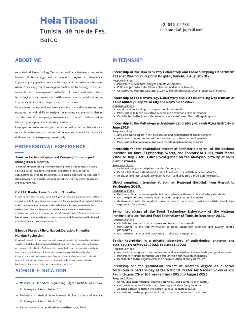 Tibaoui Hela CV | PDF | Pathology | Laboratories