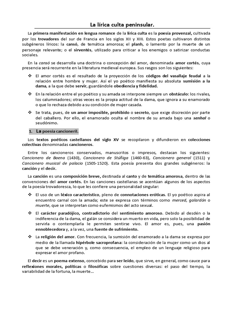 La Lírica Culta Peninsular | PDF | Poesía