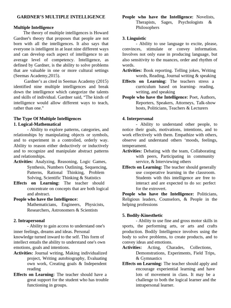 Understanding Gardner's Multiple Intelligences | PDF | Learning | Intelligence