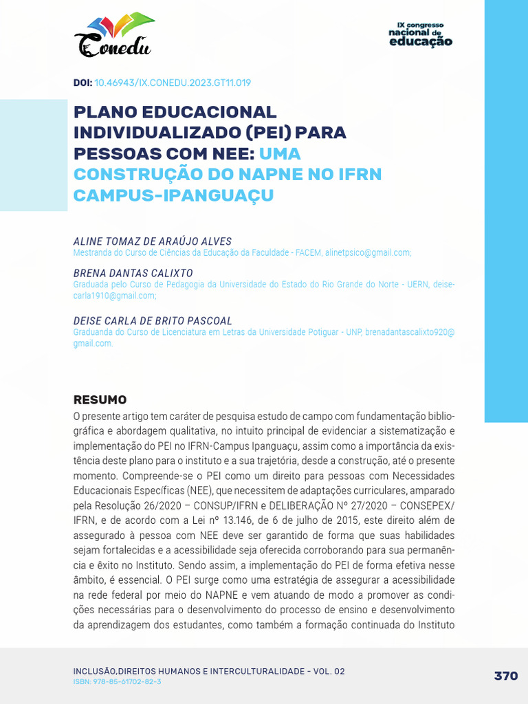 REFERÊNCIA - Artigo PEI para PNEE NAPNE e IFRN | PDF | Educação ...