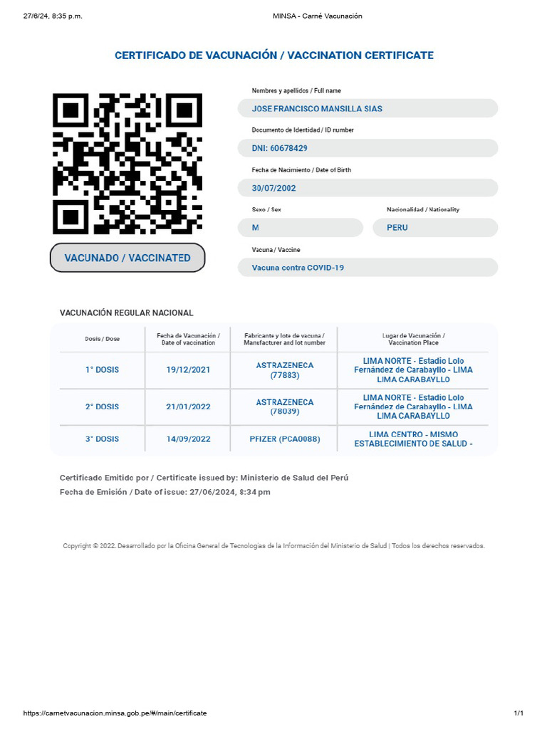 Minsa - Carné Vacunación - Jose Francisco Mansilla | PDF