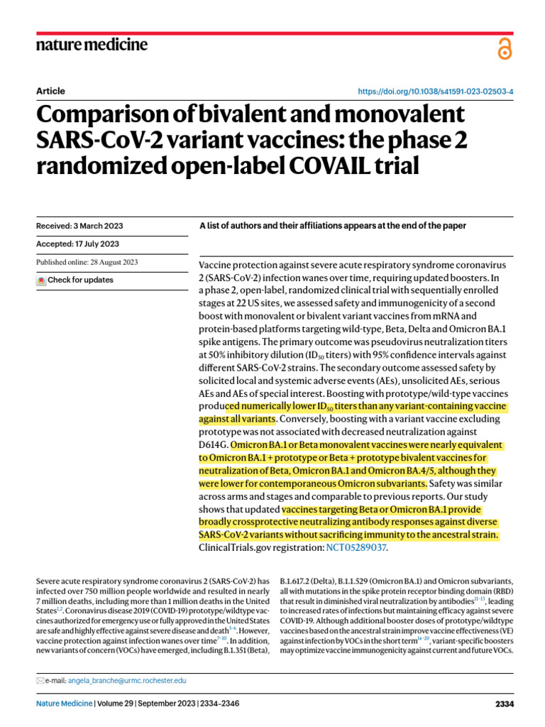 BRANCHE 2023 - Comparison of bivalent and monovalent SARS-CoV-2 variant vaccines the phase 2 ...