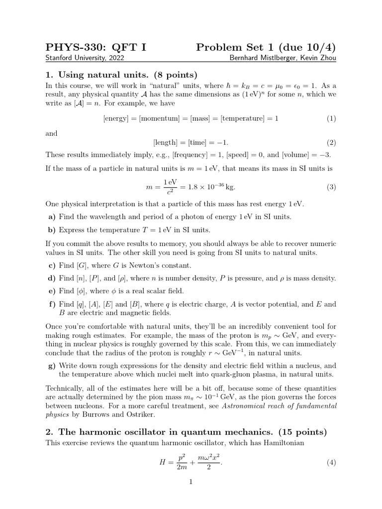 Quantum Field Theory Problem Set | PDF | Lagrangian Mechanics | Electronvolt
