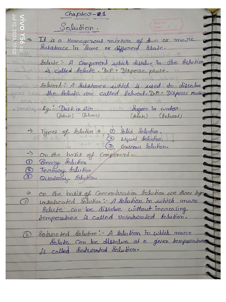 Solution Class 12 Chemistry Handwritten Notes. | PDF