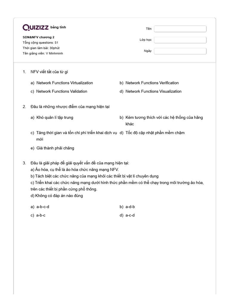 SDN&NFV chương 2 _ Quizizz | PDF