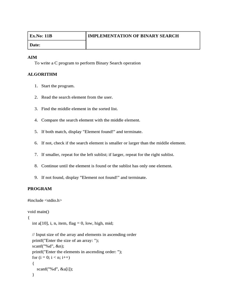 C Program for Binary Search Implementation | PDF