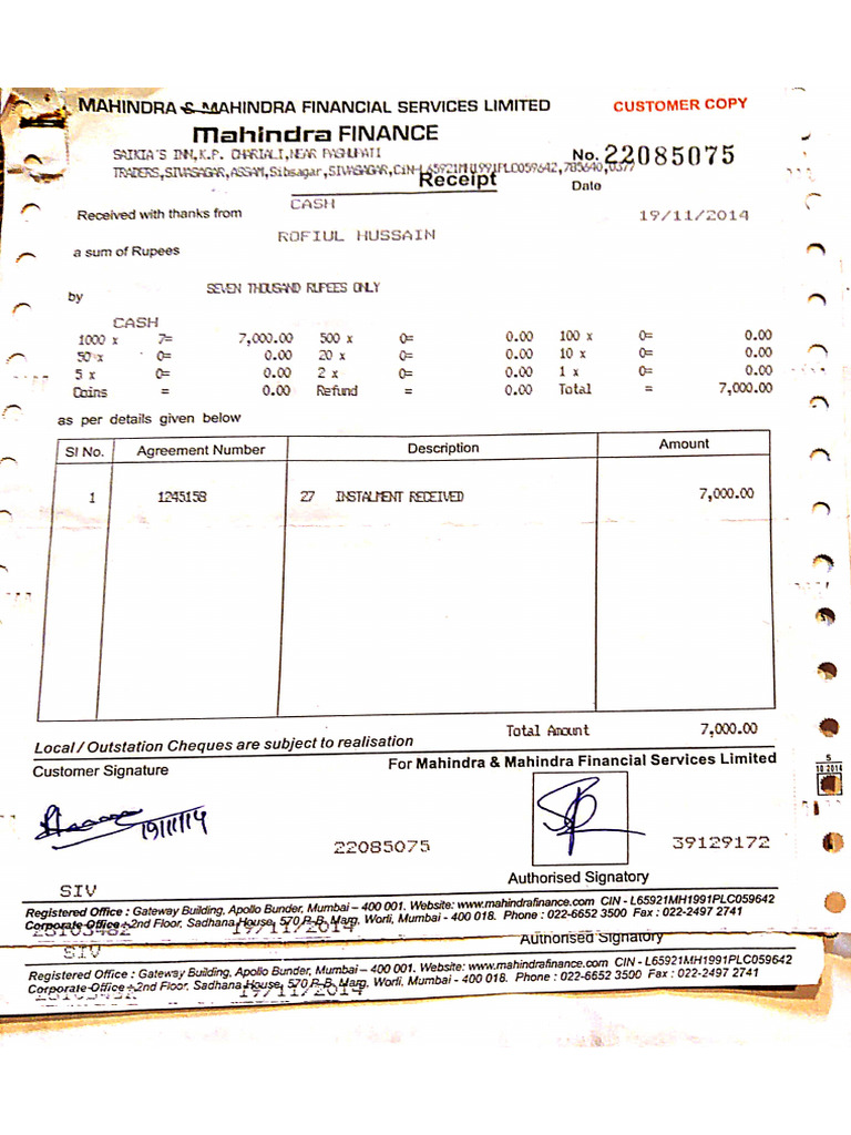 Mahindra Finance EMI Payment Receipt | PDF