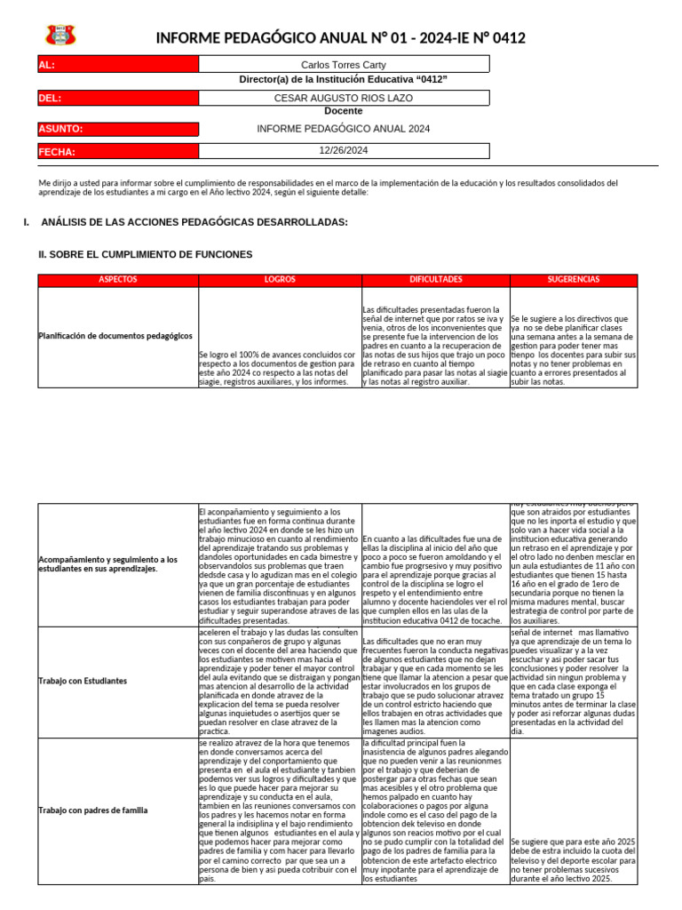 Informe Pedagógico Anual 2024 IE 0412 | PDF | Ciencia cognitiva | Cognición