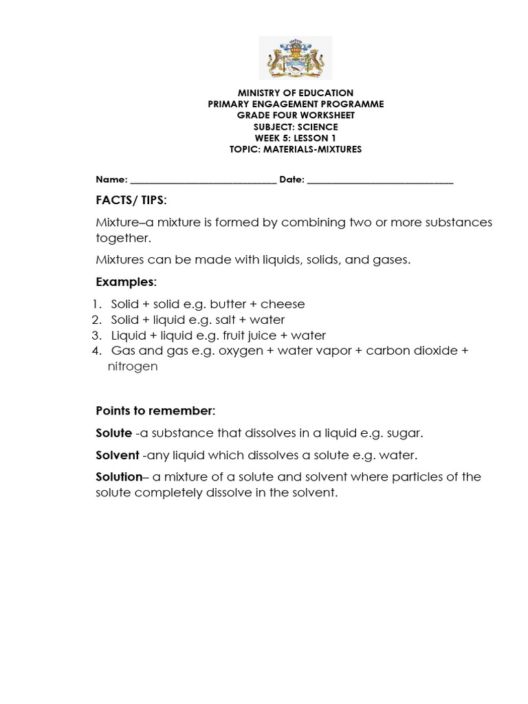 Grade 4 Science: Mixtures Worksheet | PDF | Solubility | Mixture