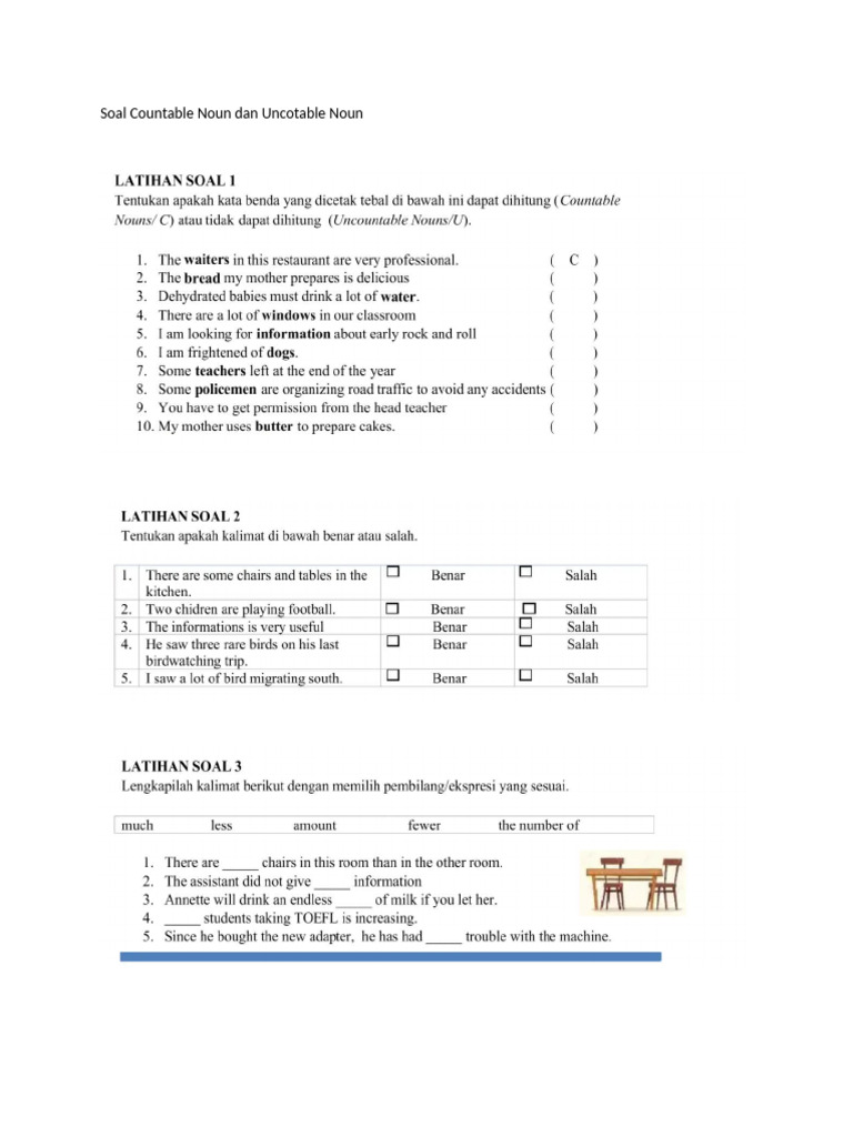 Soal dan kunci Countable Noun dan Uncotable Noun | PDF