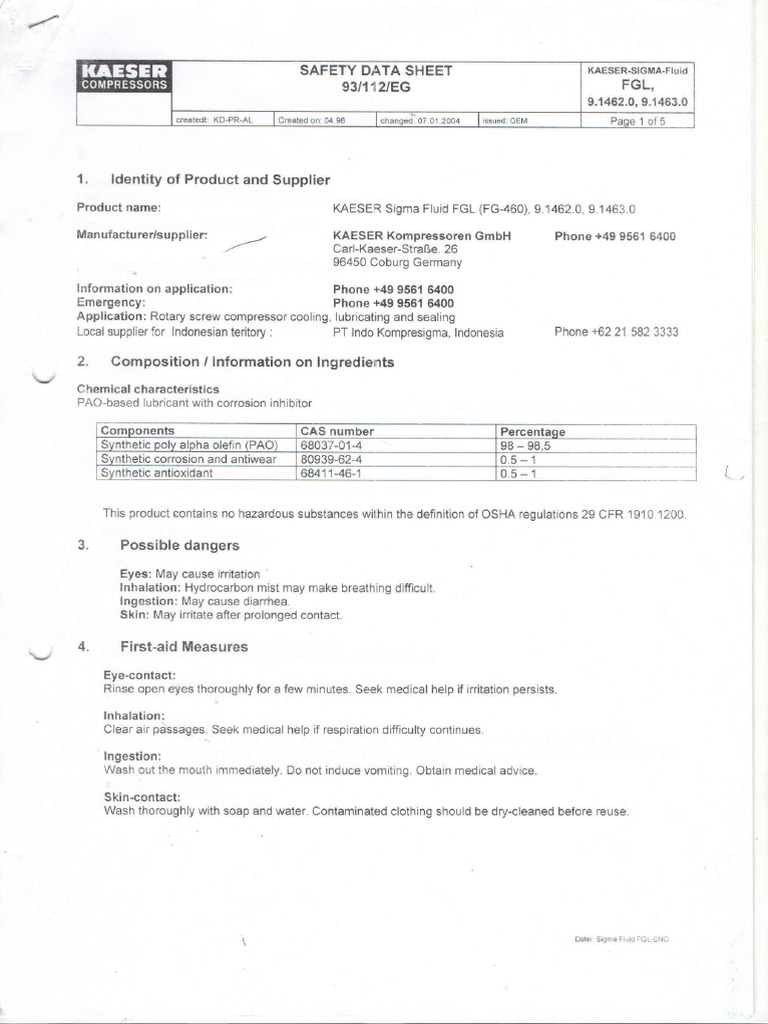 MSDS OLI KOMPRESSOR LP (FOOD GRADE) | PDF