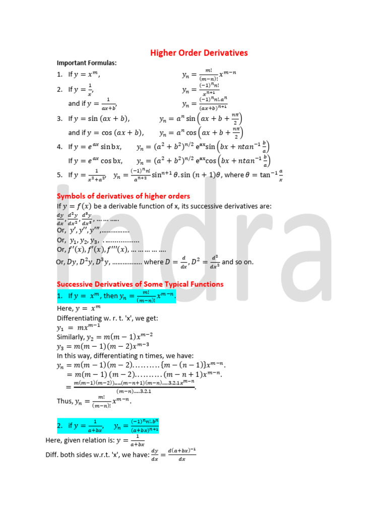 Higher Order Derivatives Formulas | PDF | Function (Mathematics ...